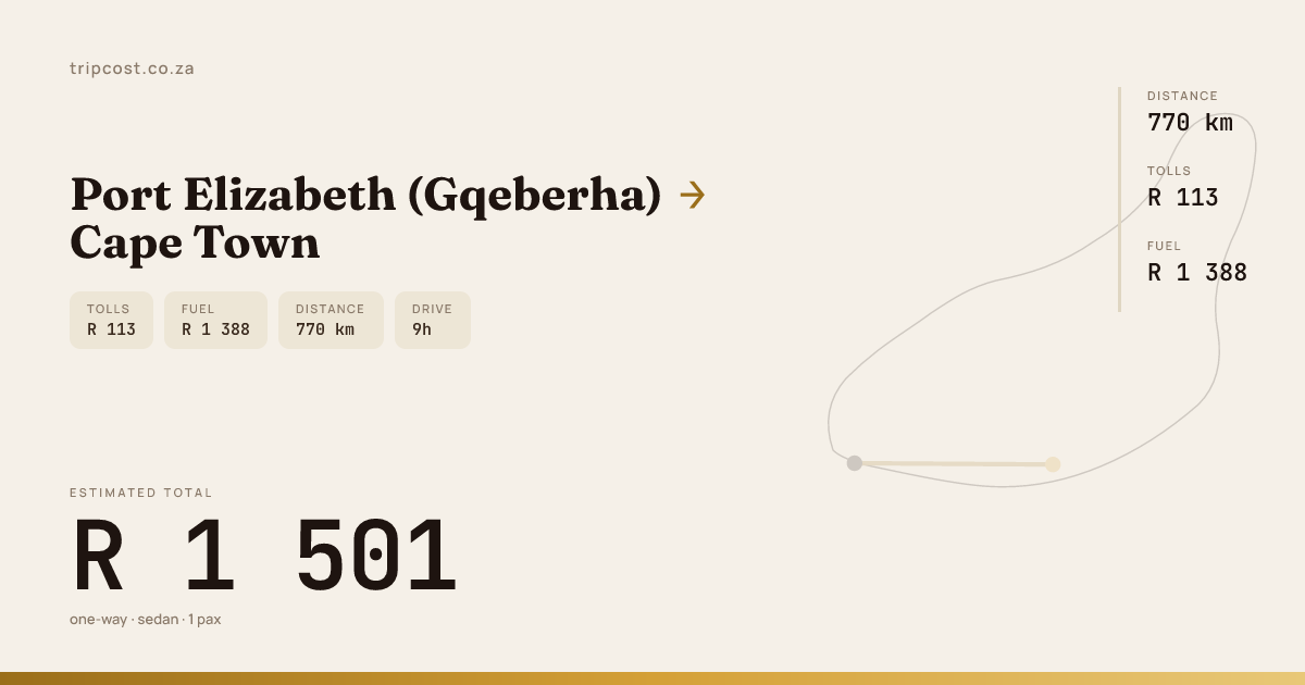 Port Elizabeth (Gqeberha) to Cape Town — toll cost, fuel
